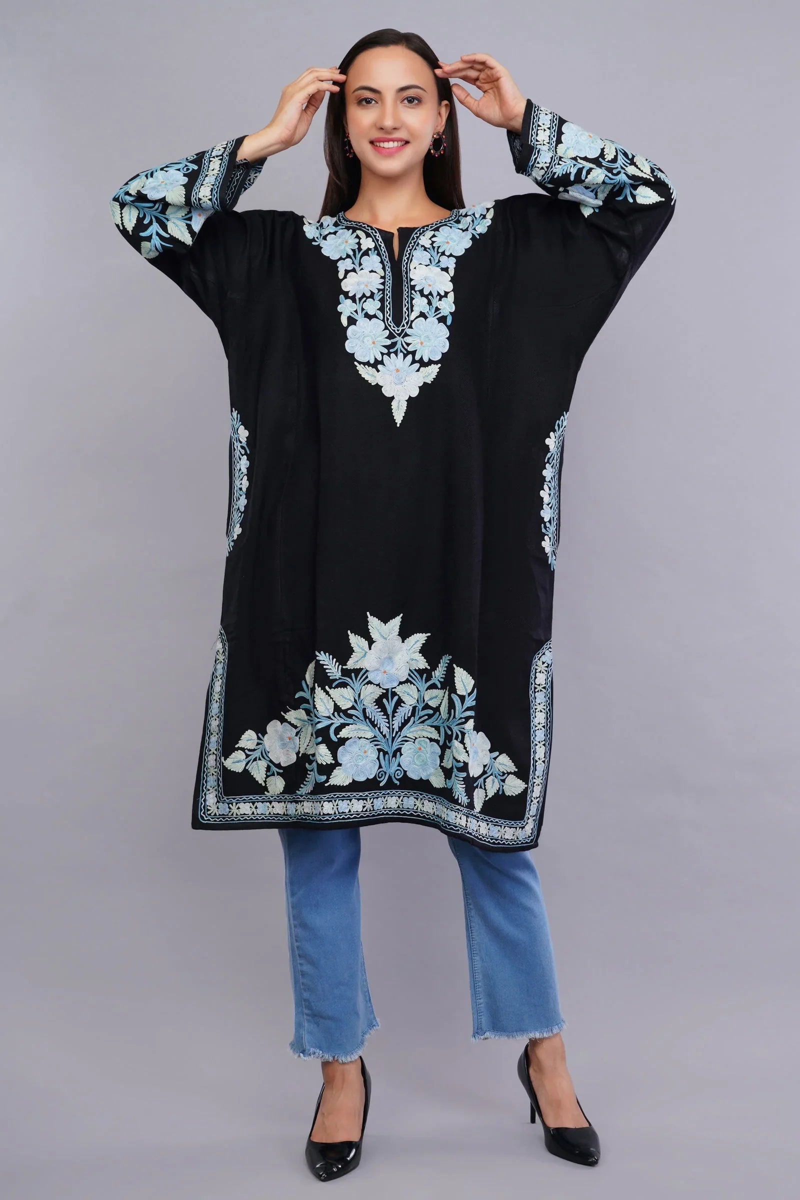 Buy Black Pheran with Pale Aqua Floral Aari Embroidery | Online Store ...