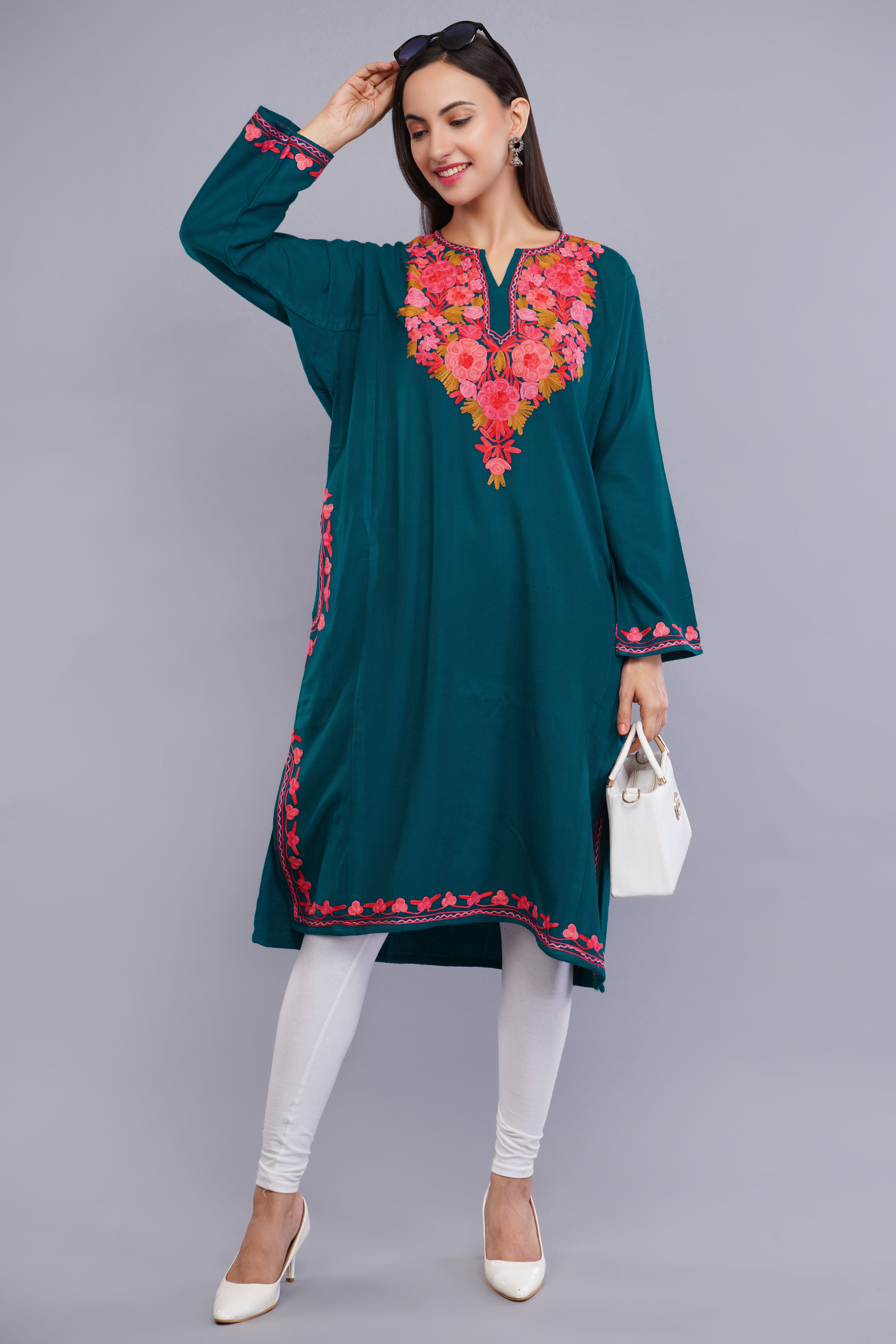 Buy Sherpa Blue Kashmiri Pheran with Aari Embroidery and Poshkaar Design