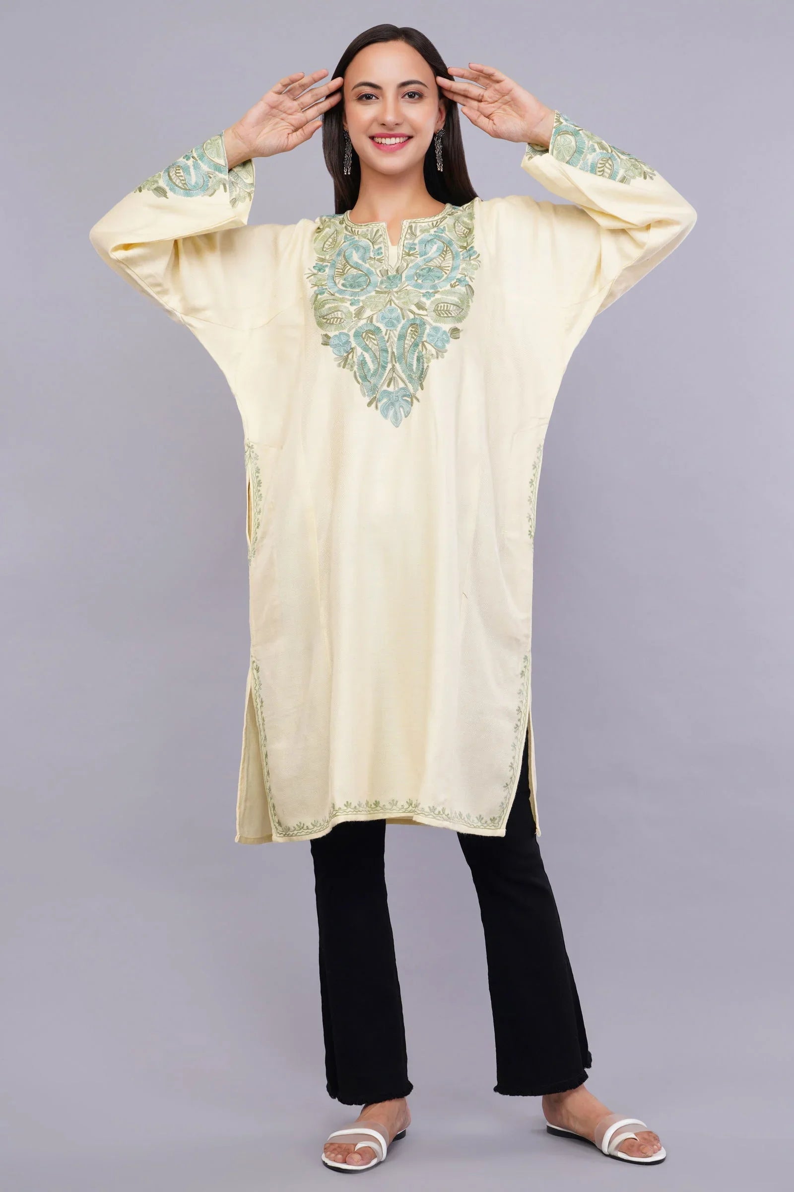 Buy Double Spanish White Pheran with Thistle Green Embroidery ...